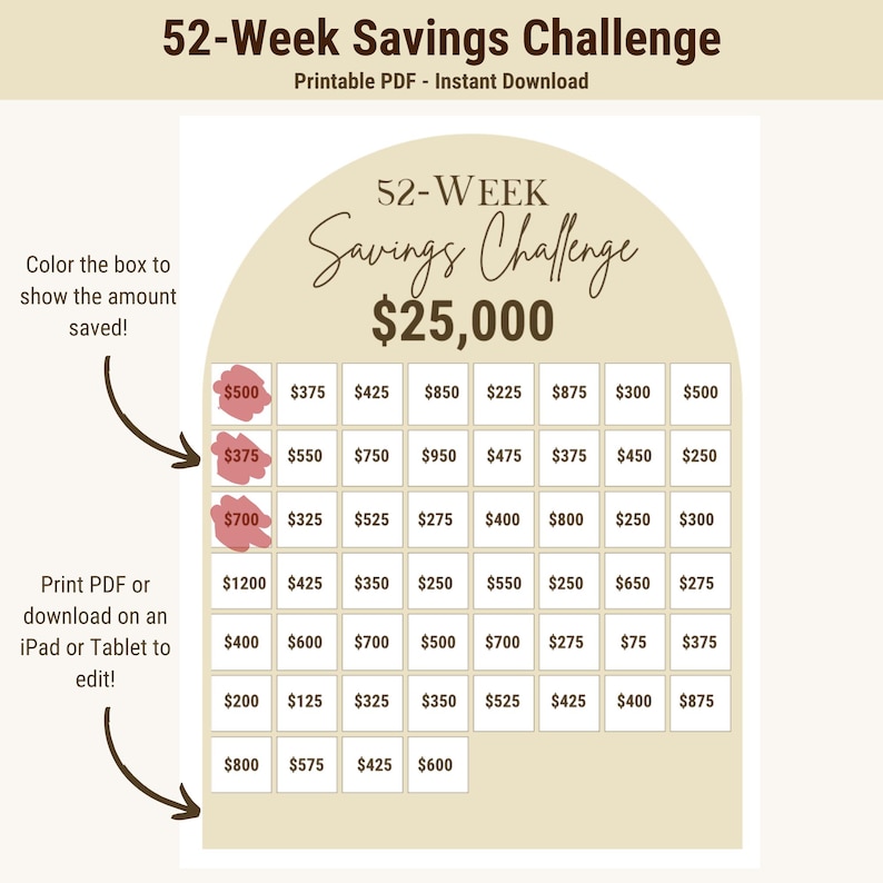 25,000 Savings Challenge Printable, 25000 Savings Challenge, 52 Weeks ...