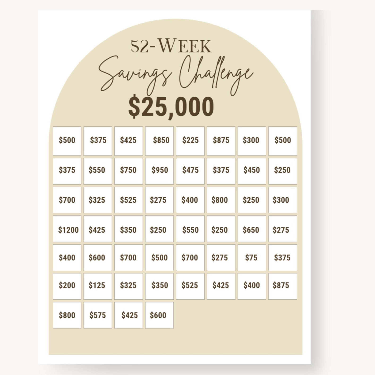25,000 Savings Challenge Printable, 25000 Savings Challenge, 52 Weeks ...