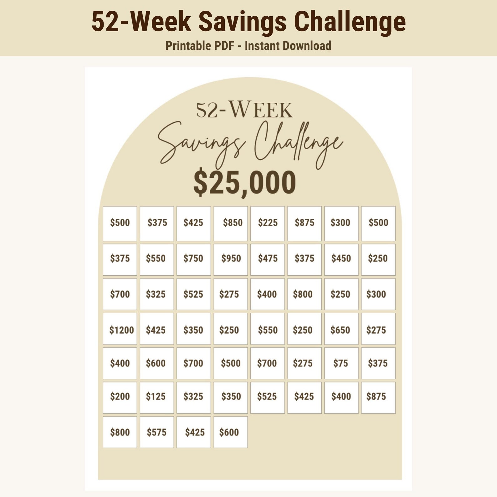 25,000 Savings Challenge Printable, 25000 Savings Challenge, 52 Weeks ...