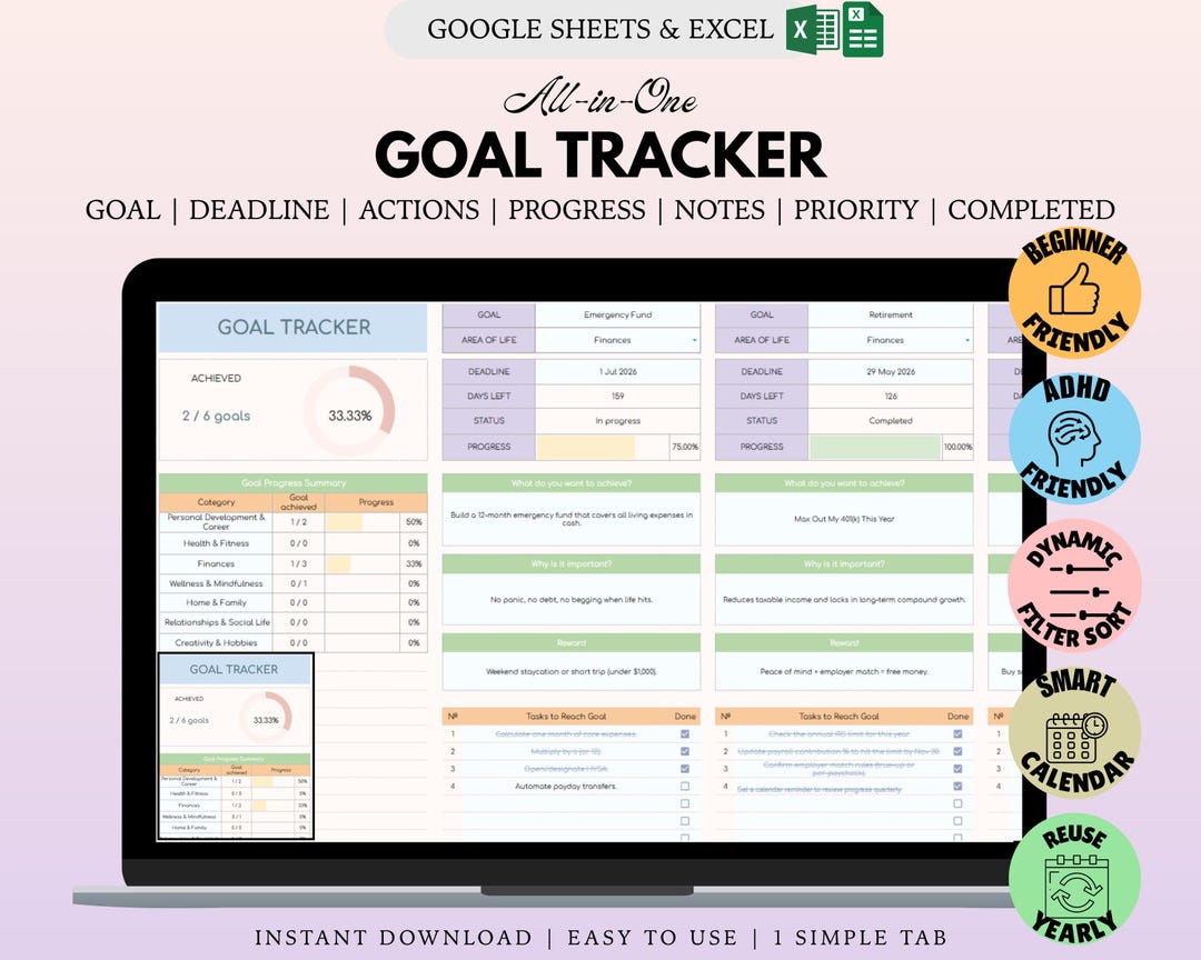 Digital Goal Tracker Spreadsheet | Goal Planner and Habit Tracker ...