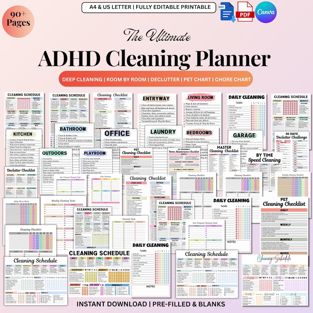 ADHD Cleaning Planner Bundle | 80+ Editable Checklists & Schedules ...