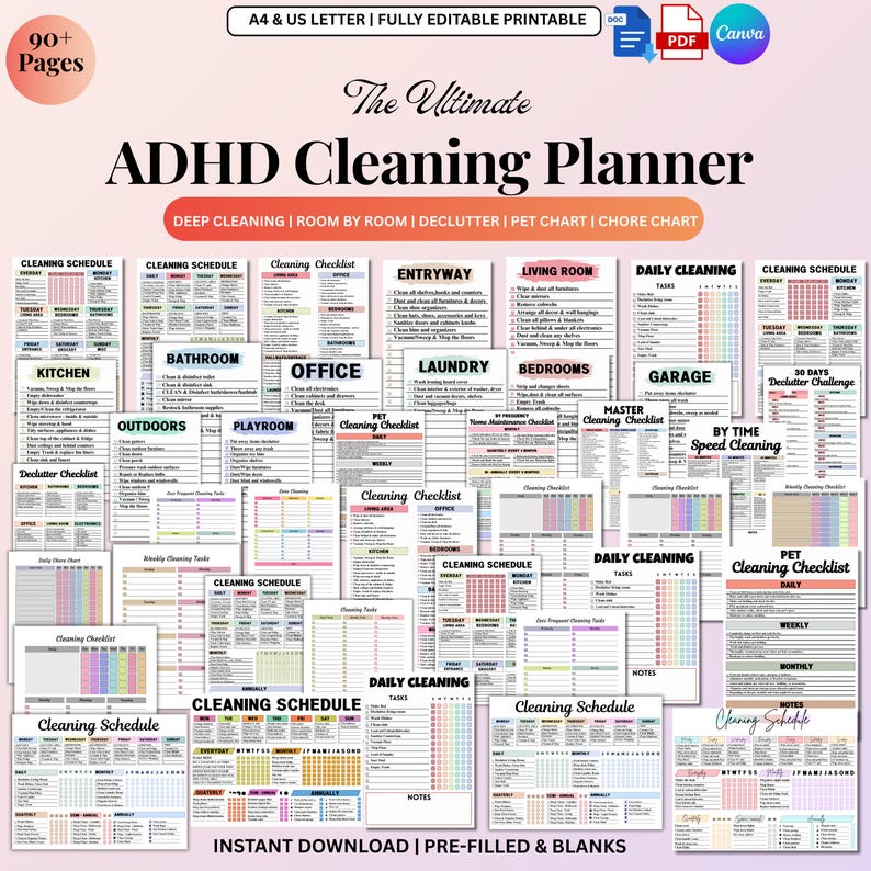 ADHD Cleaning Planner Bundle | 80+ Editable Checklists & Schedules ...