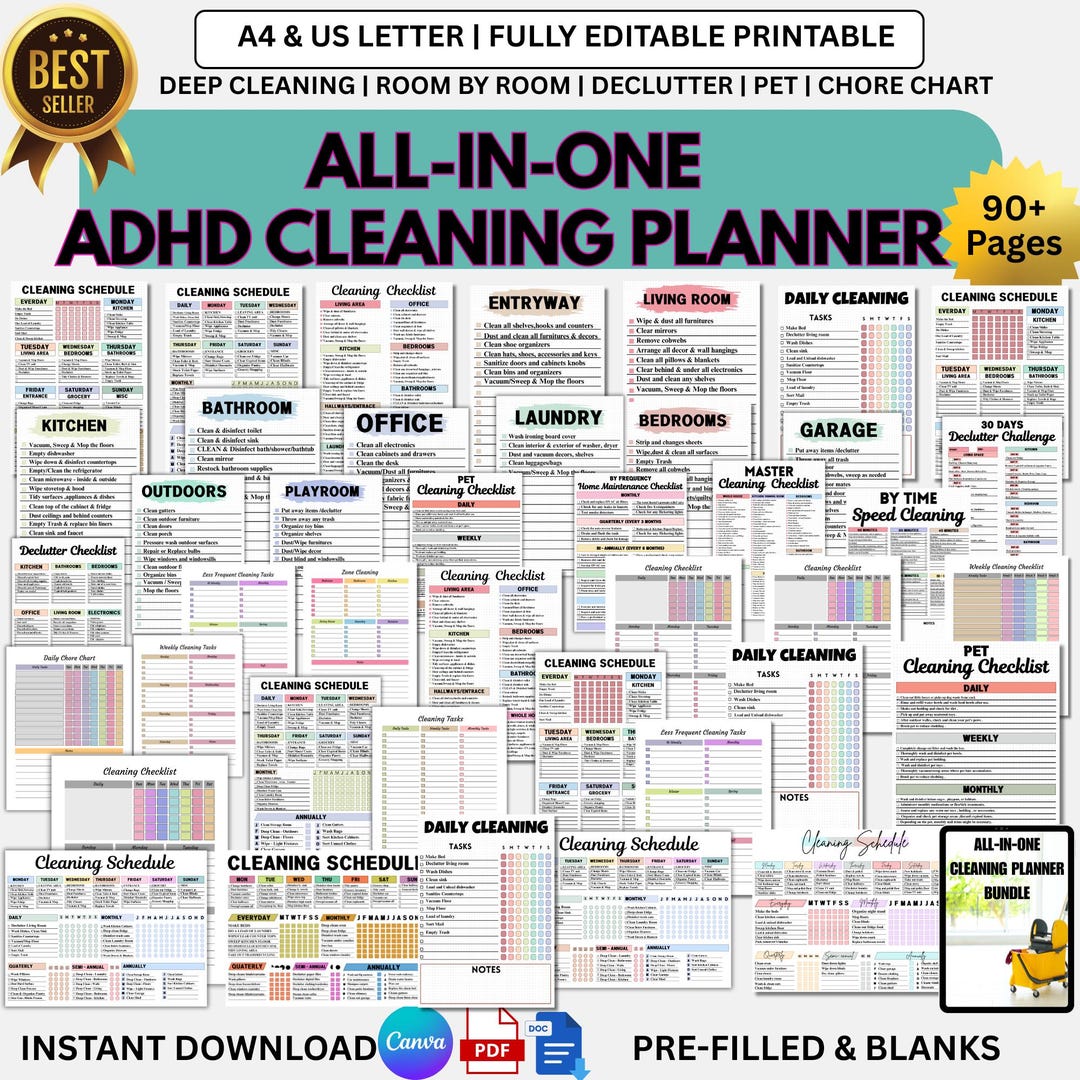 ADHD Cleaning Planner Bundle | 80+ Editable Checklists & Schedules ...