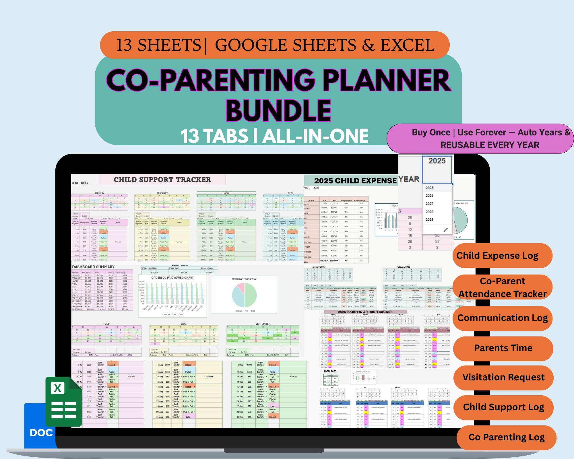 Co-parenting Documentation Bundle | Custody Calendar, Child Support & Expense Tracker ...