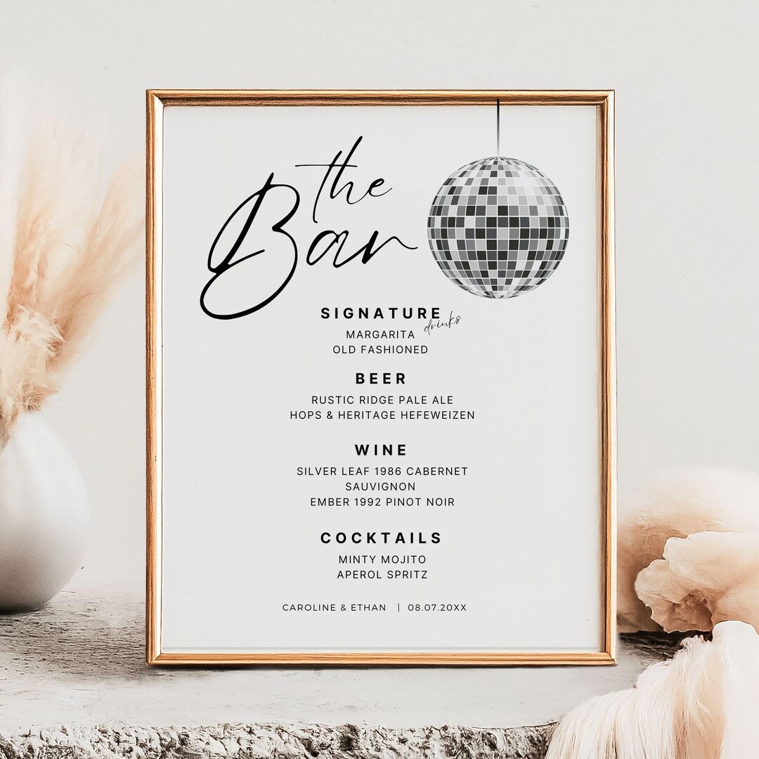 Disco Ball Bar Menu, Wedding Bar Signage, Drink Menu Wedding, Wedding ...