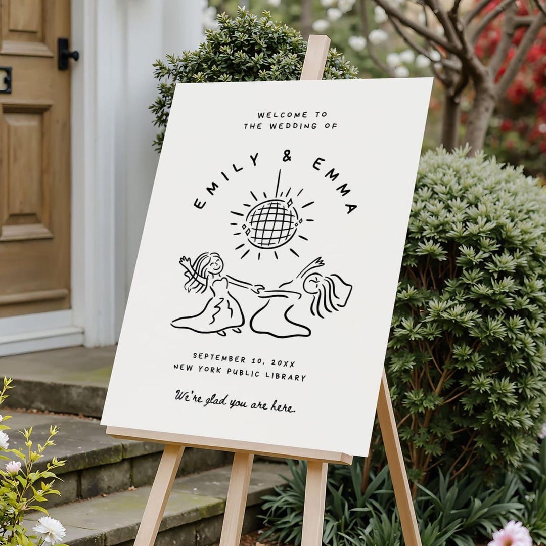 Two Brides Wedding Welcome Sign, Whimsical Wedding Template, Hand Draw ...