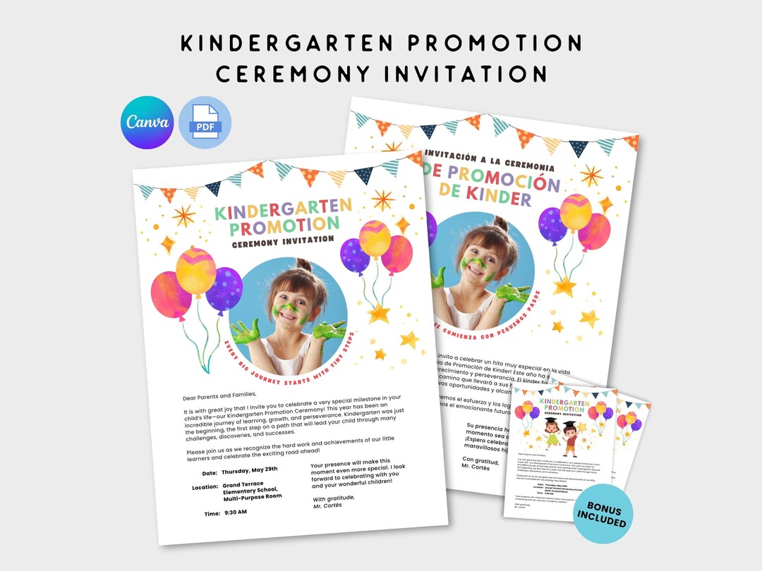 Kindergarten Graduation Invite in English Spanish, Editable ...