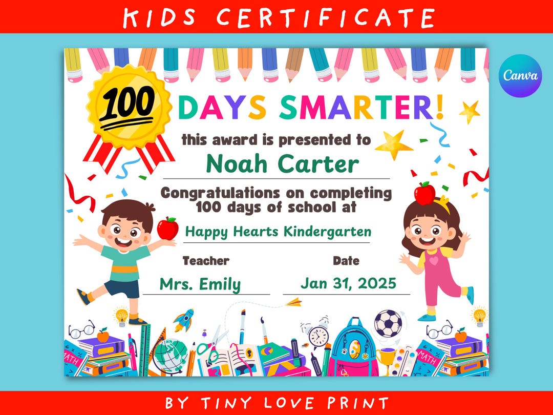 100 Days of School Certificate for Kid Party, 100 Days Smarter, 100 ...