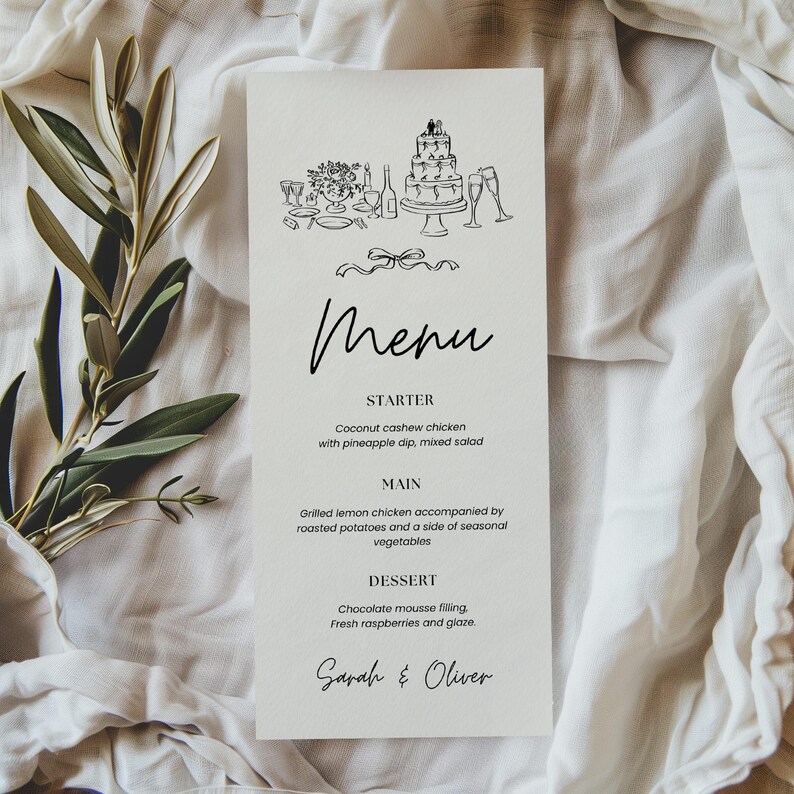 Hand Drawn Wedding Menu, Custom Wedding Menu, Downloadable Menu ...