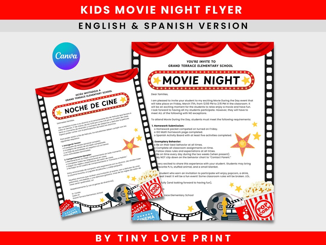 Printable Movie Night Flyer for Kid, Movie Party Invitation Template ...