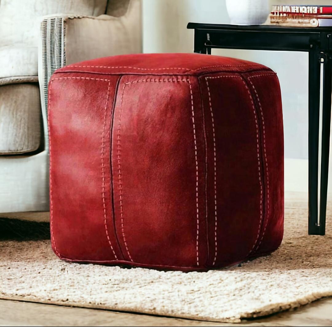 Moroccan Red Square Leather Ottoman Pouf, Leather Ottoman Coffee Table ...