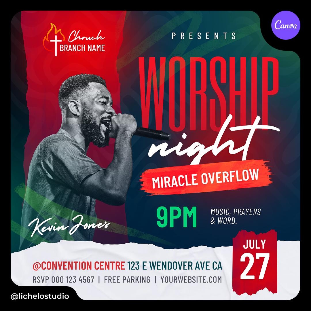 Worship Night Flyer Canva Template, Praise Flyer Canva Template, Gospel ...