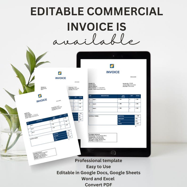 Editable Minimalist Invoice Template Small Business Professional Invoice Template Commercial ...