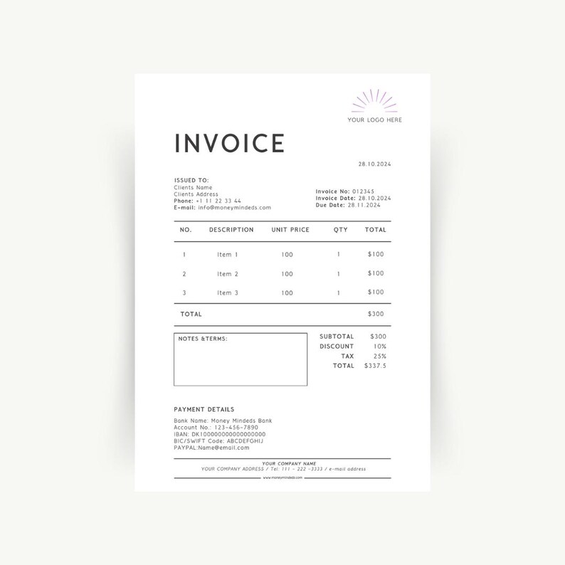Editable Minimalist Invoice Template Small Business Professional ...