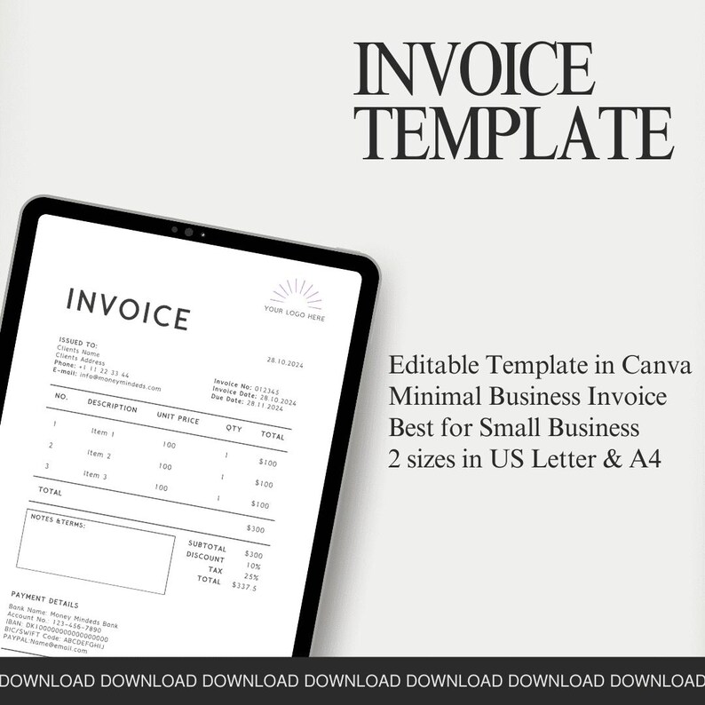 Editable Minimalist Invoice Template Small Business Professional ...