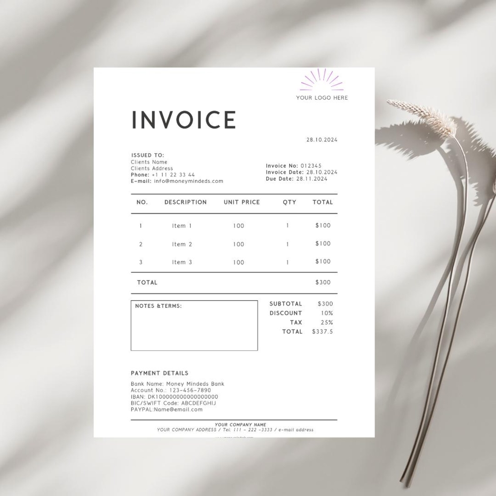Editable Minimalist Invoice Template Small Business Professional ...