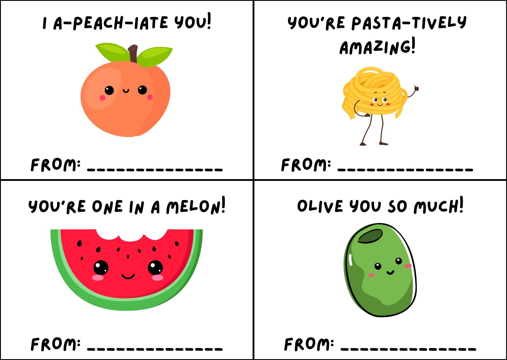 Kids Valentines Day Printable Cards | Classroom Valentines Cards | Food ...