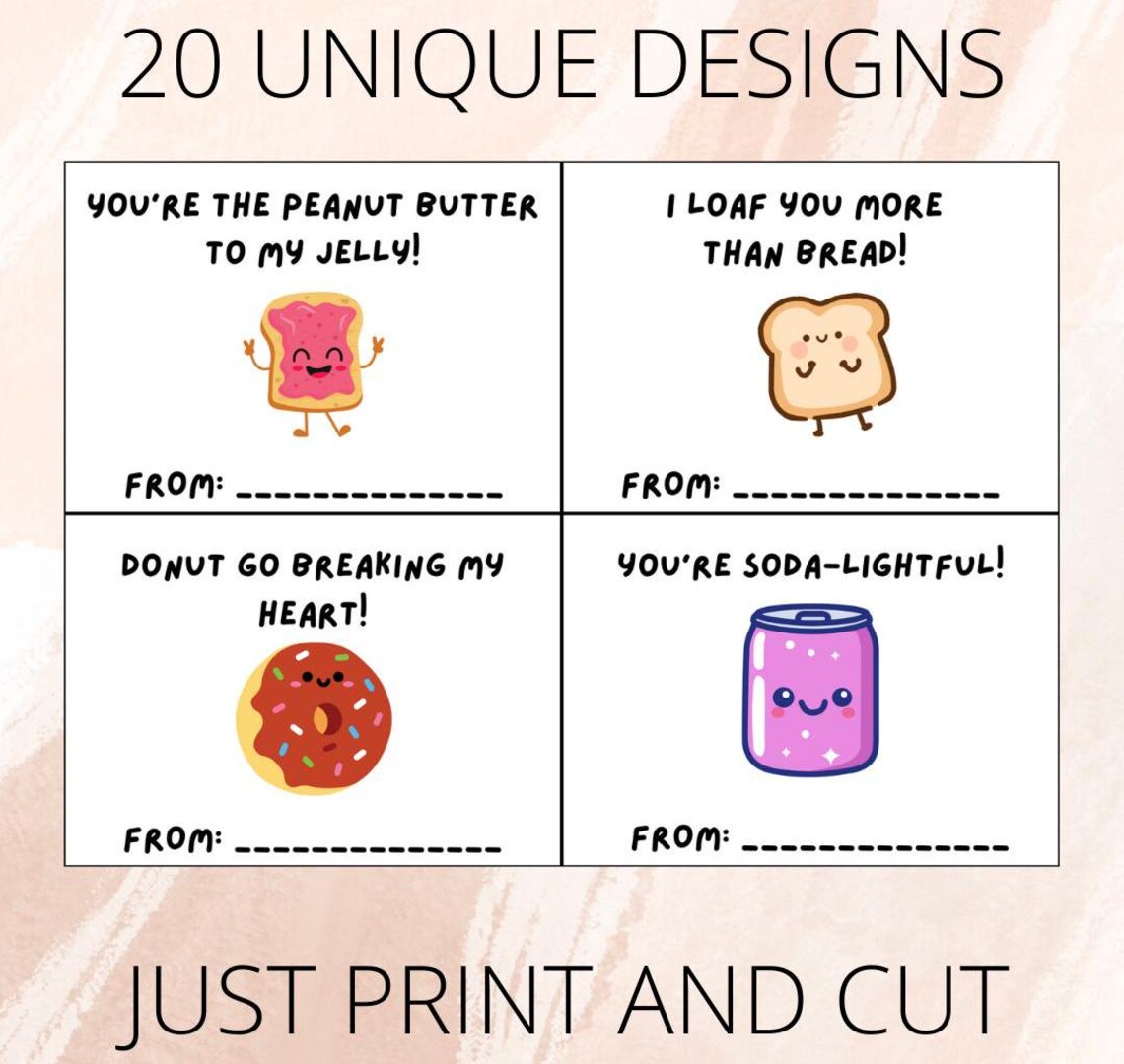 Kids Valentines Day Printable Cards | Classroom Valentines Cards | Food ...