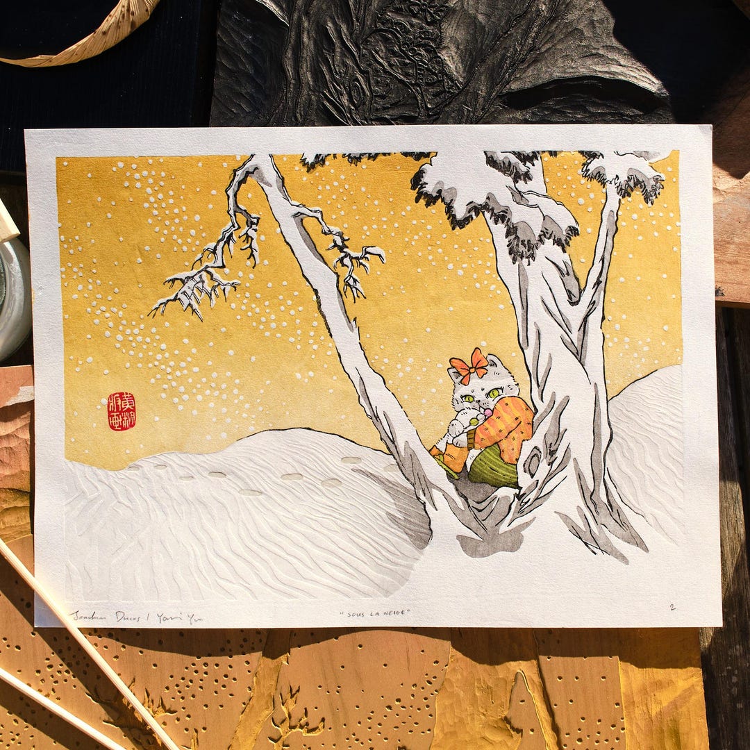 Japanese Woodblock Print : Under the Snow - Handmade Mokuhanga - Etsy