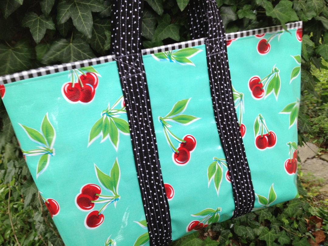 Large Retro Oilcloth Tote Bag With Cherries and Black Gingham - Etsy