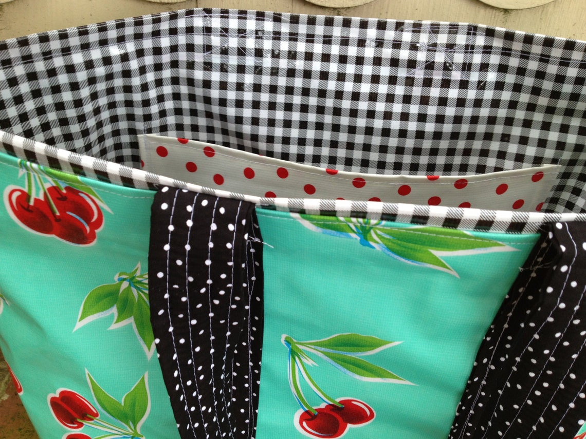 Large Retro Oilcloth Tote Bag With Cherries and Black Gingham - Etsy