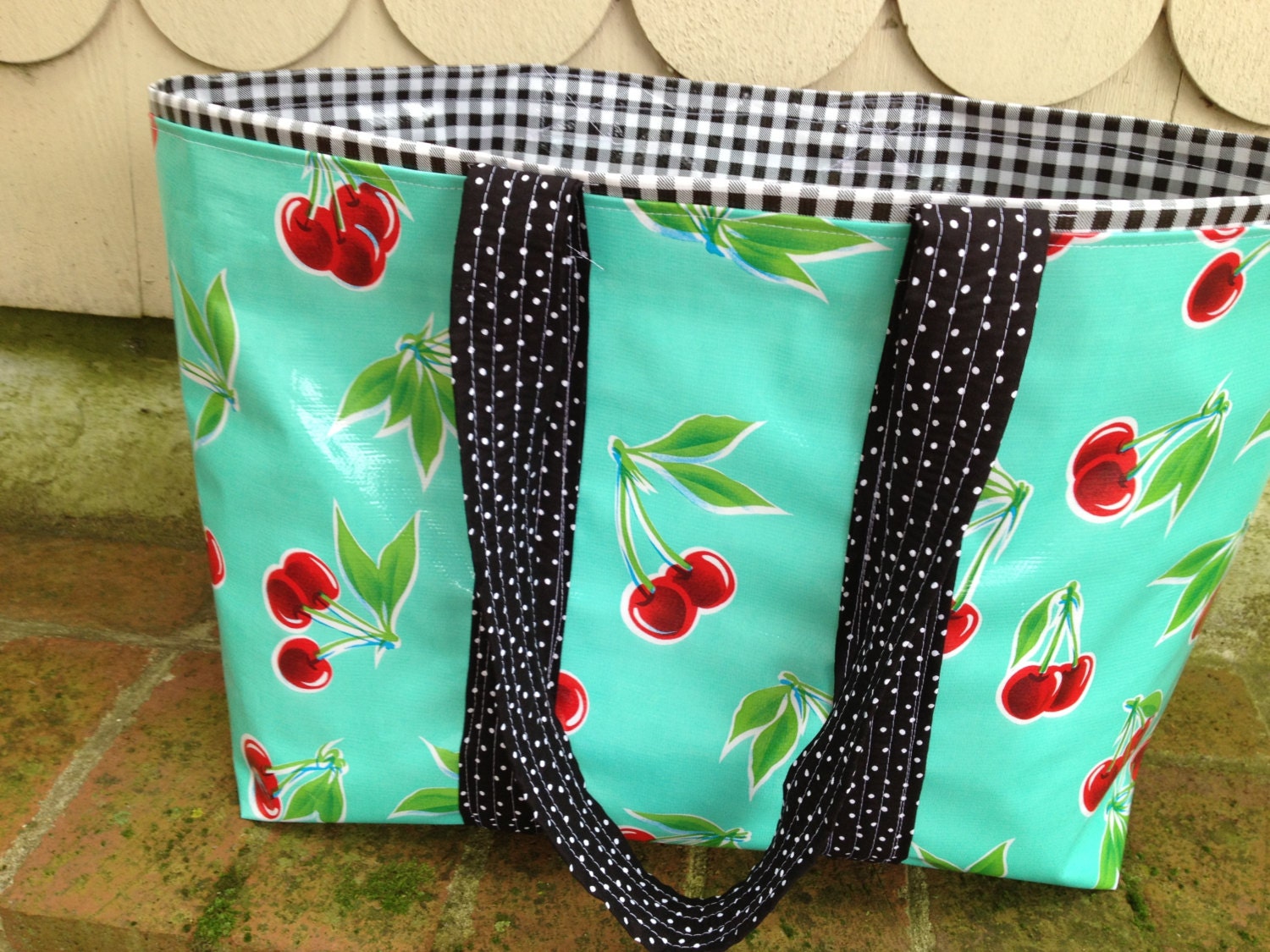 Large Retro Oilcloth Tote Bag With Cherries and Black Gingham - Etsy