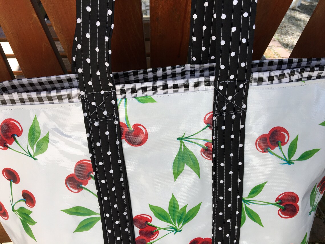 Large Retro Oilcloth Tote Bag With Cherries on White and Black Gingham ...