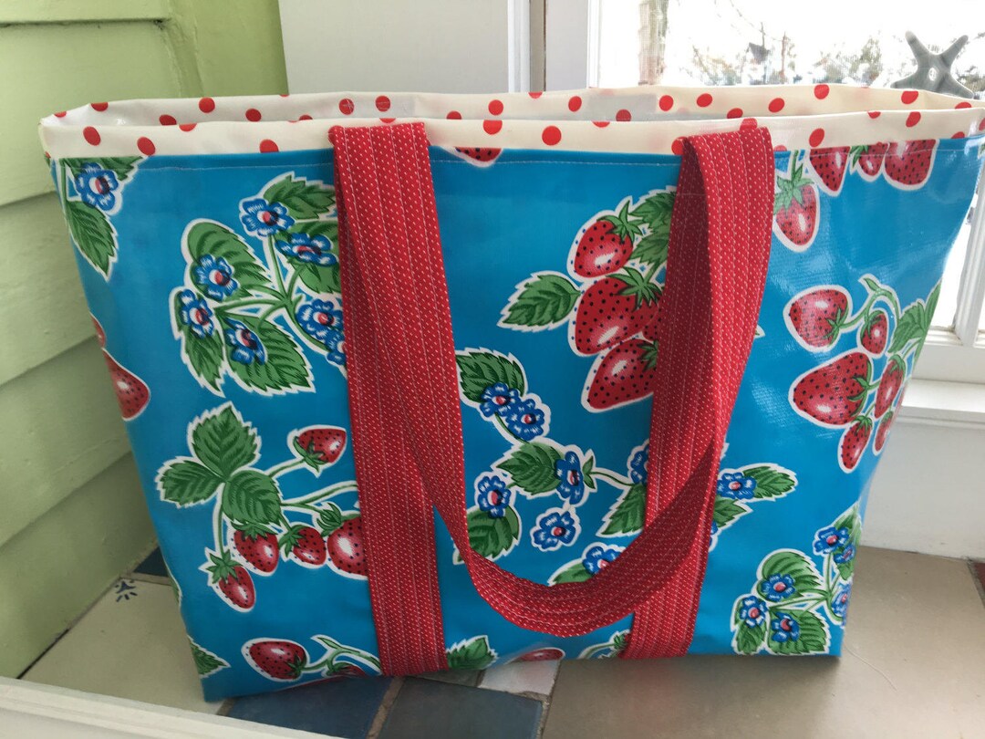 June in Ct. Large Retro Oilcloth Tote Bag With Strawberries on Sky Blue ...