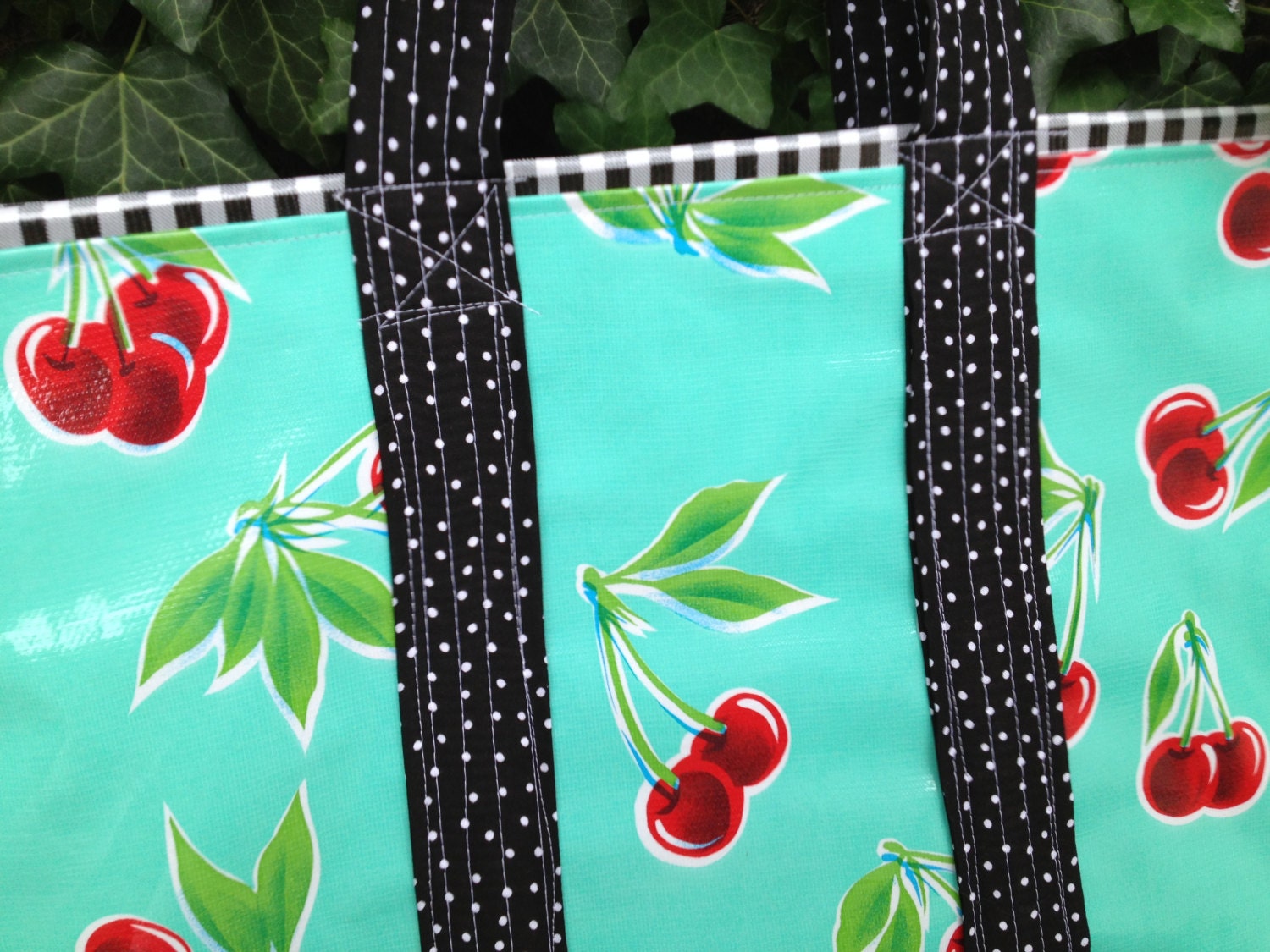 Large Retro Oilcloth Tote Bag With Cherries and Black Gingham - Etsy