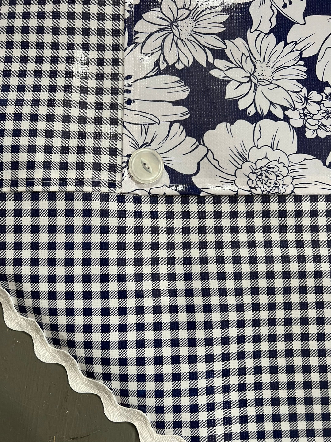 The Navy Aloha---retro Two Patterned Round Floral and Gingham Oilcloth ...