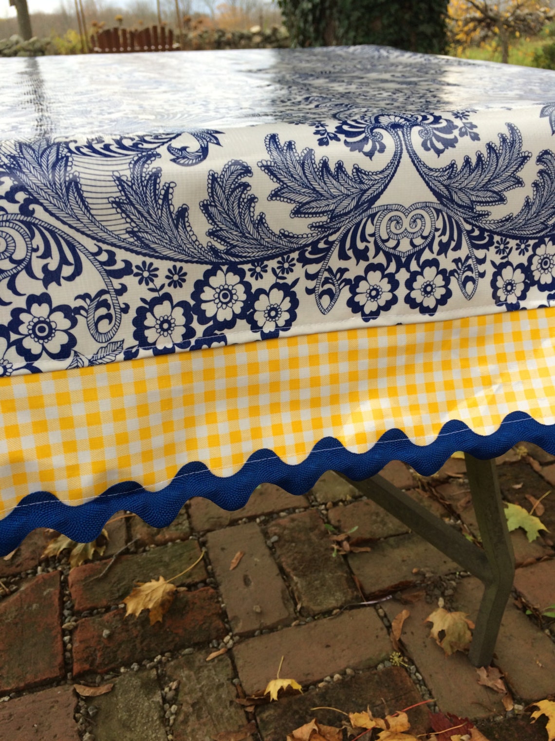 Classic Blue Toile and Yellow Gingham Oilcloth Tablecloth - Etsy