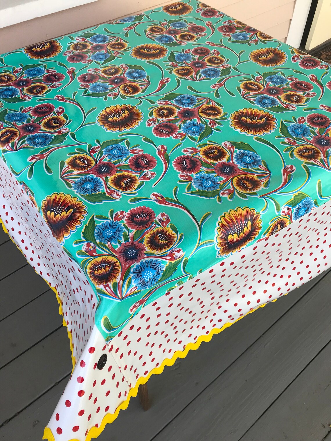 Mexican Floral---retro Round Aqua and Red Oilcloth Tablecloth - Etsy