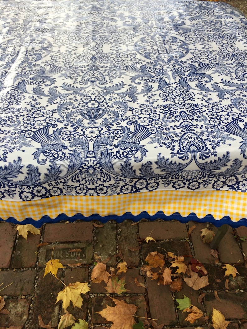 Classic Blue Toile and Yellow Gingham Oilcloth Tablecloth - Etsy