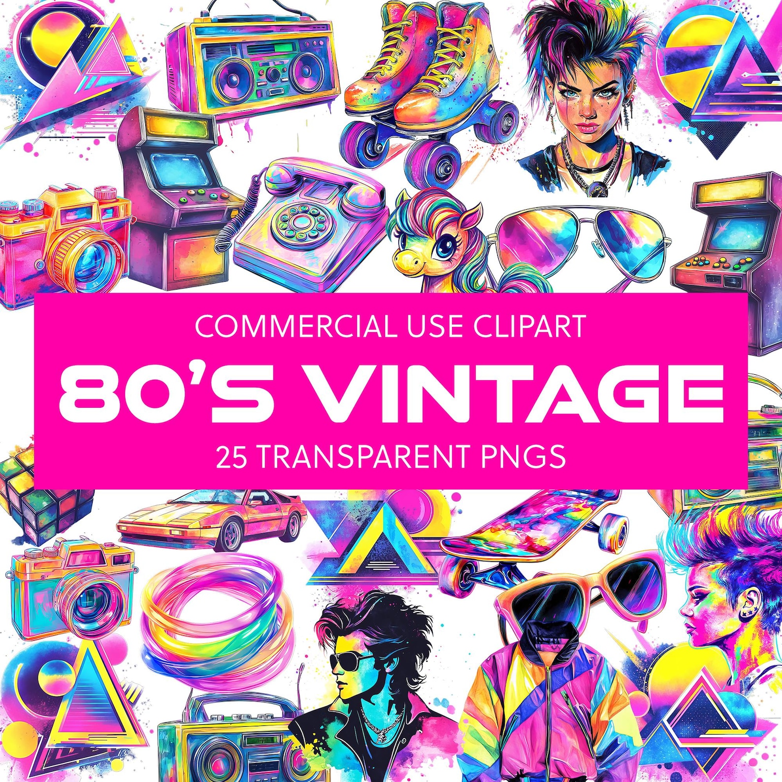 80's Vintage Clip Art Bundle - 25 Transparent Pngs for Commercial Use ...