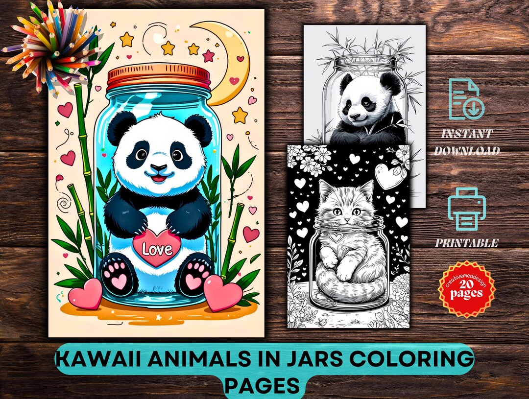 20 Kawaii Baby Animals in Glass Jars Coloring Pages, Kids, Adults ...