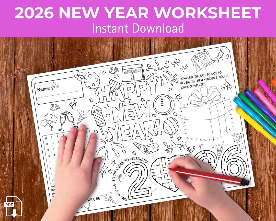 2026 New Year Activity Worksheet, Kids Party Game (PDF Download A4/US ...