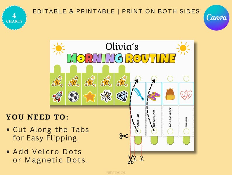 Kids Editable Flip Routine Charts, Morning, Bedtime, Chore (digital ...
