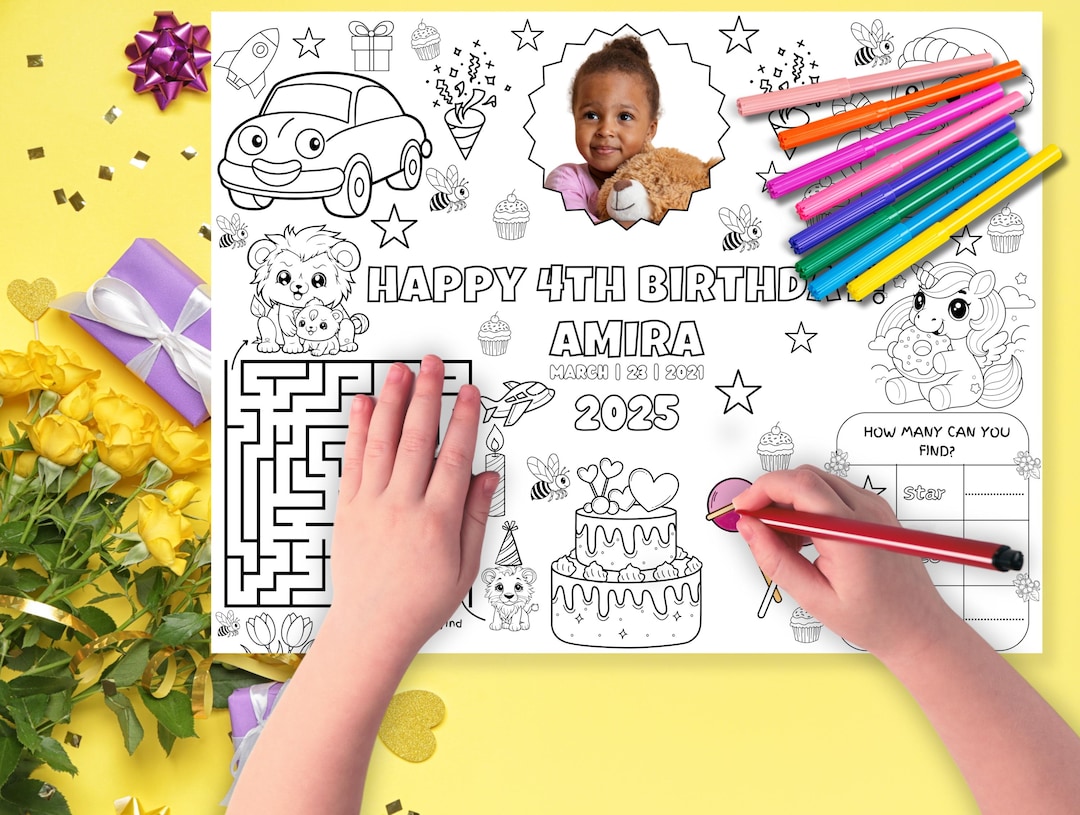 Personalized Birthday Activity Sheet: Photo Coloring Placemat (digital ...