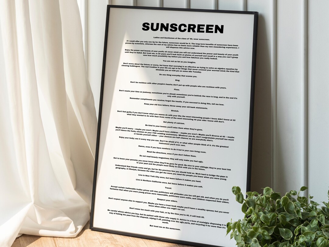 Sunscreen Quote Baz Luhrmann Lyrics, Everyone’s Free | A4 / A3 Print or ...