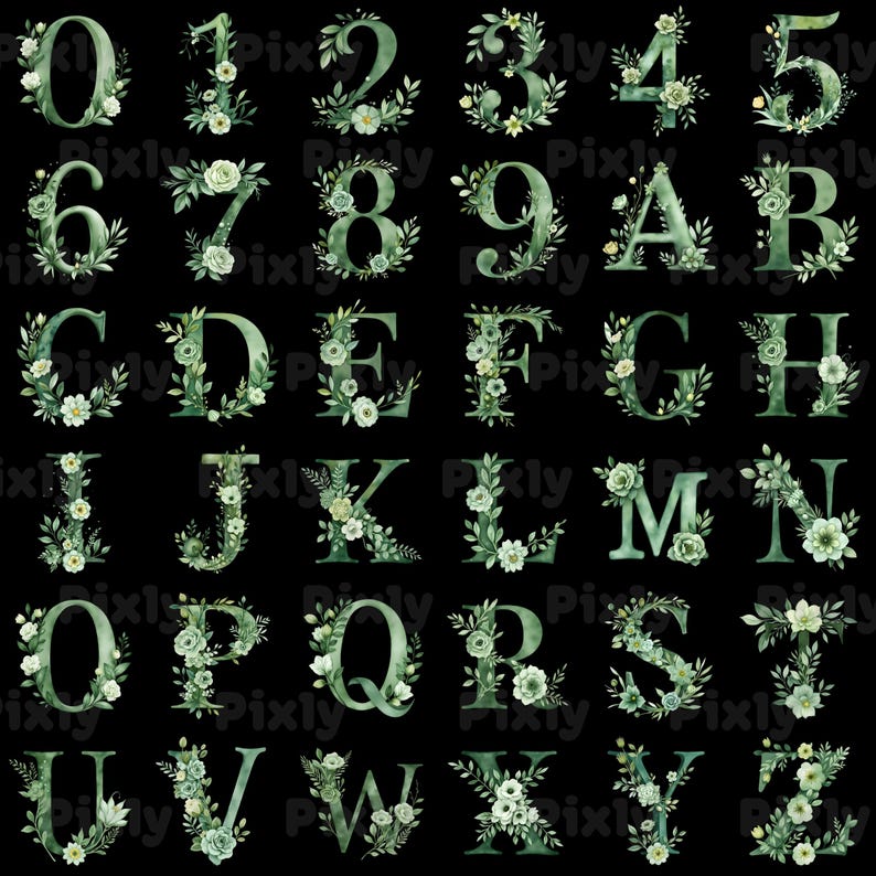 Green Watercolor Alphabet PNG Clipart Bundle, Letters & Numbers - Etsy
