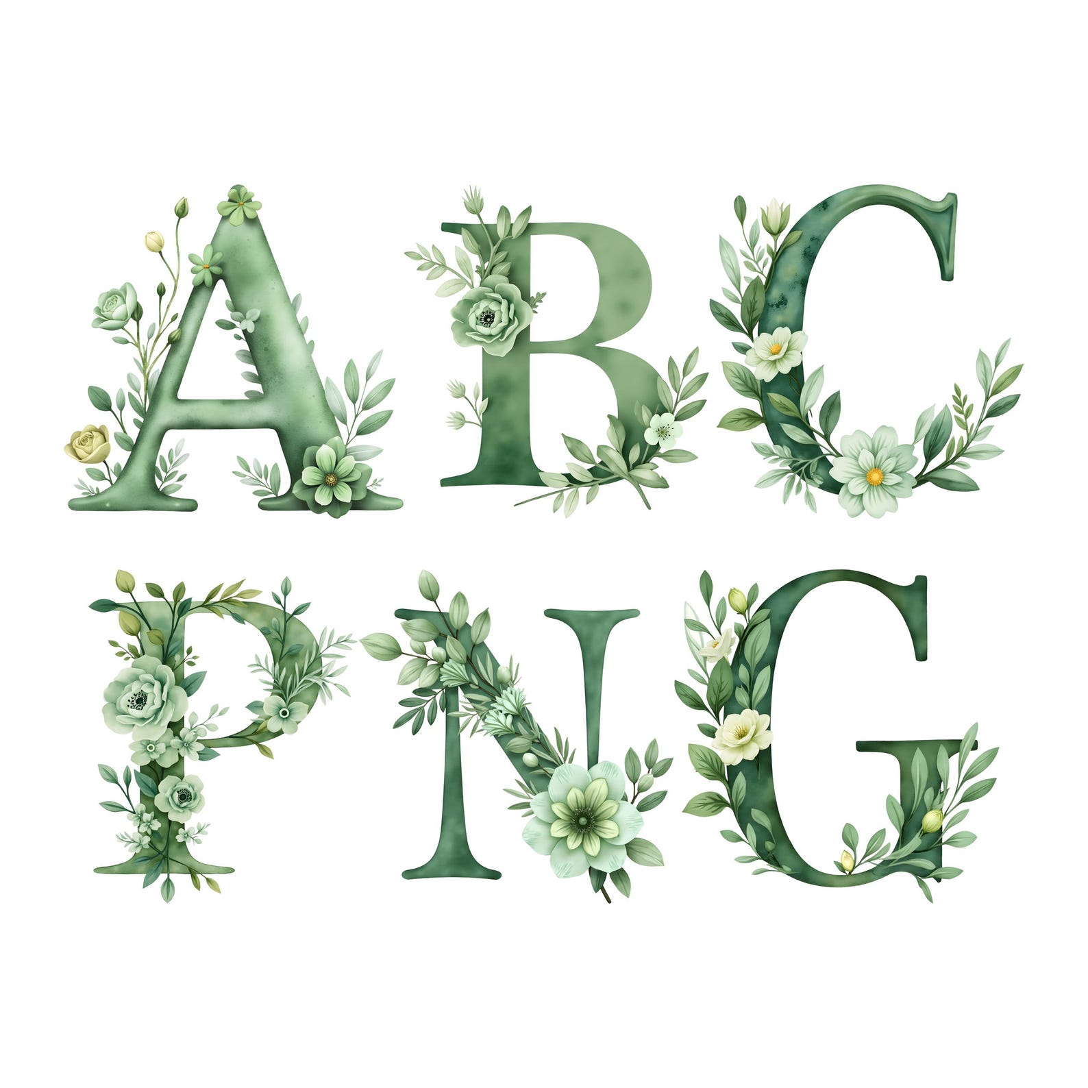 Green Watercolor Alphabet PNG Clipart Bundle, Letters & Numbers - Etsy