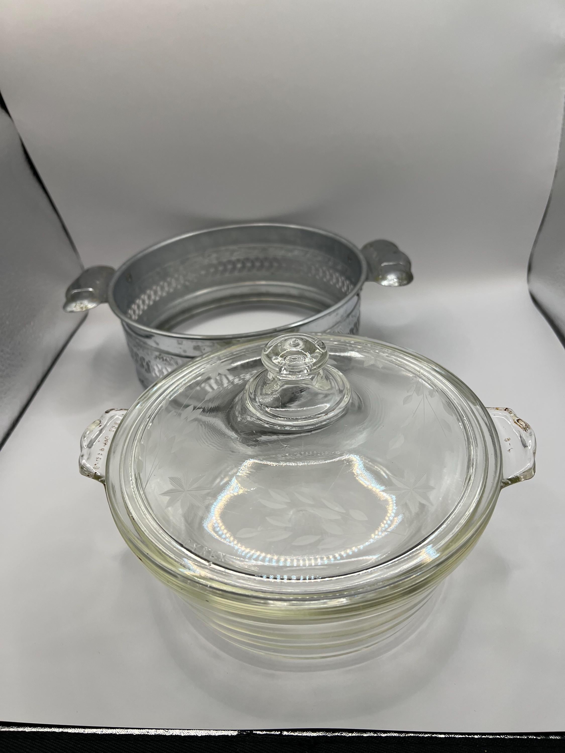 Vintage Pyrex Casserole Dish With Etched Lid and Silver Chrome Metal ...