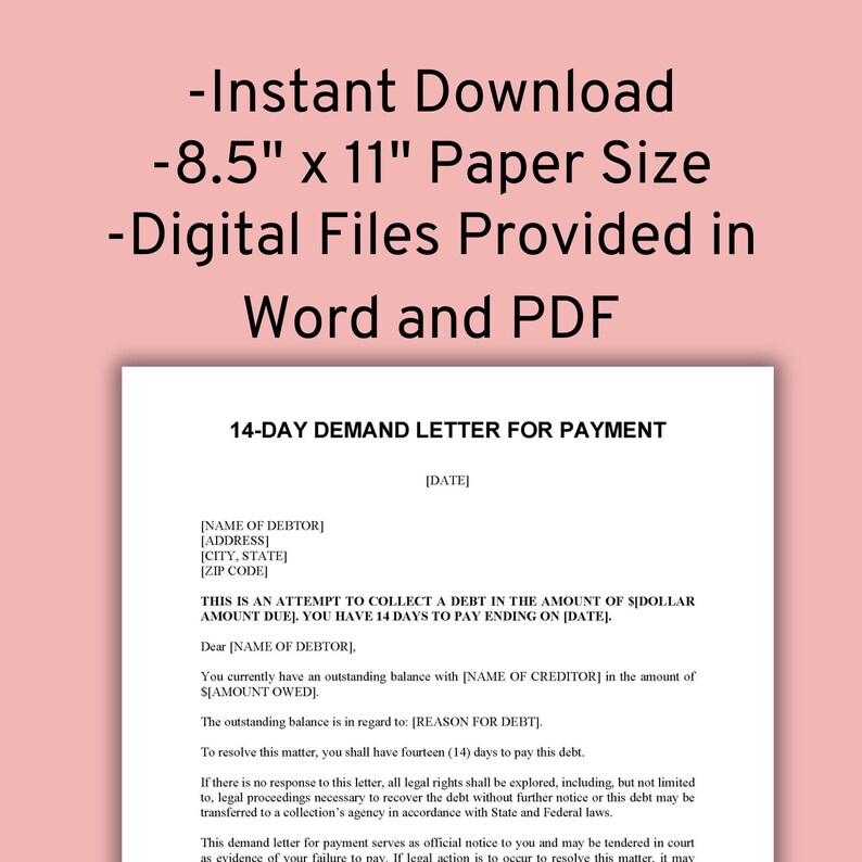 14-day Demand Letter Template | Editable Legal Form for Debt Collection ...
