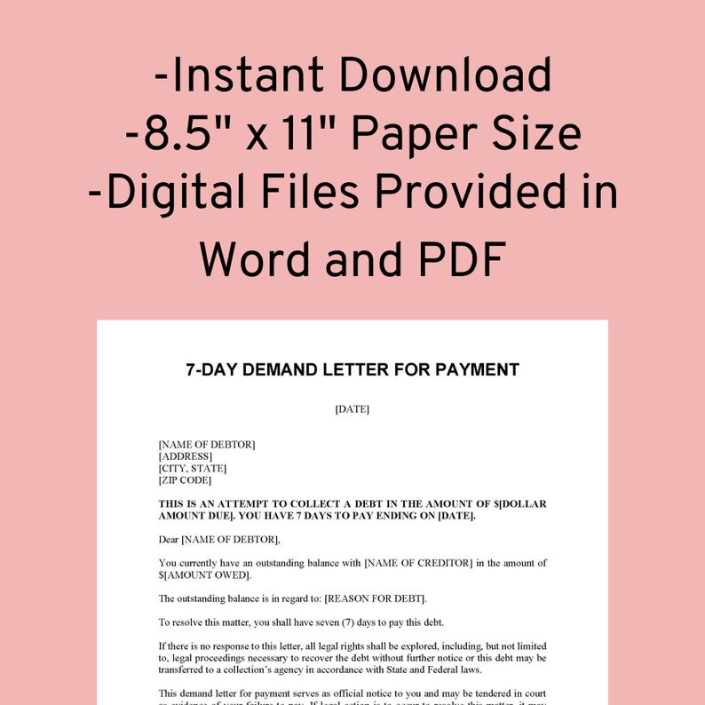 7-day Demand Letter Template | Editable Legal Form for Debt Collection ...