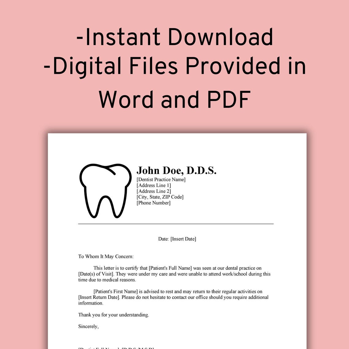 Printable Dentist Excuse Letter: Editable Work/school Note (PDF) Insant ...