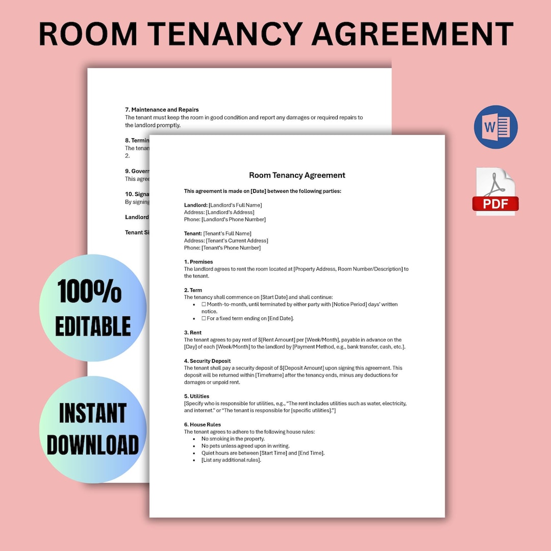 Editable Room Tenancy Agreement Template | PDF & MS Word | Printable ...