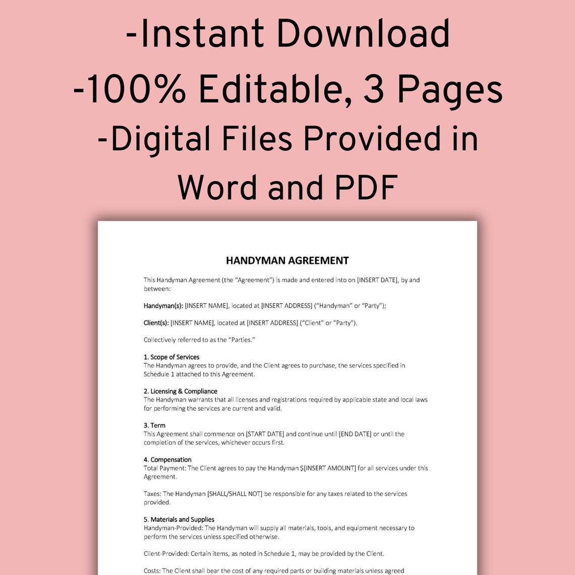 Editable Handyman Agreement Template | PDF & MS Word | Printable ...