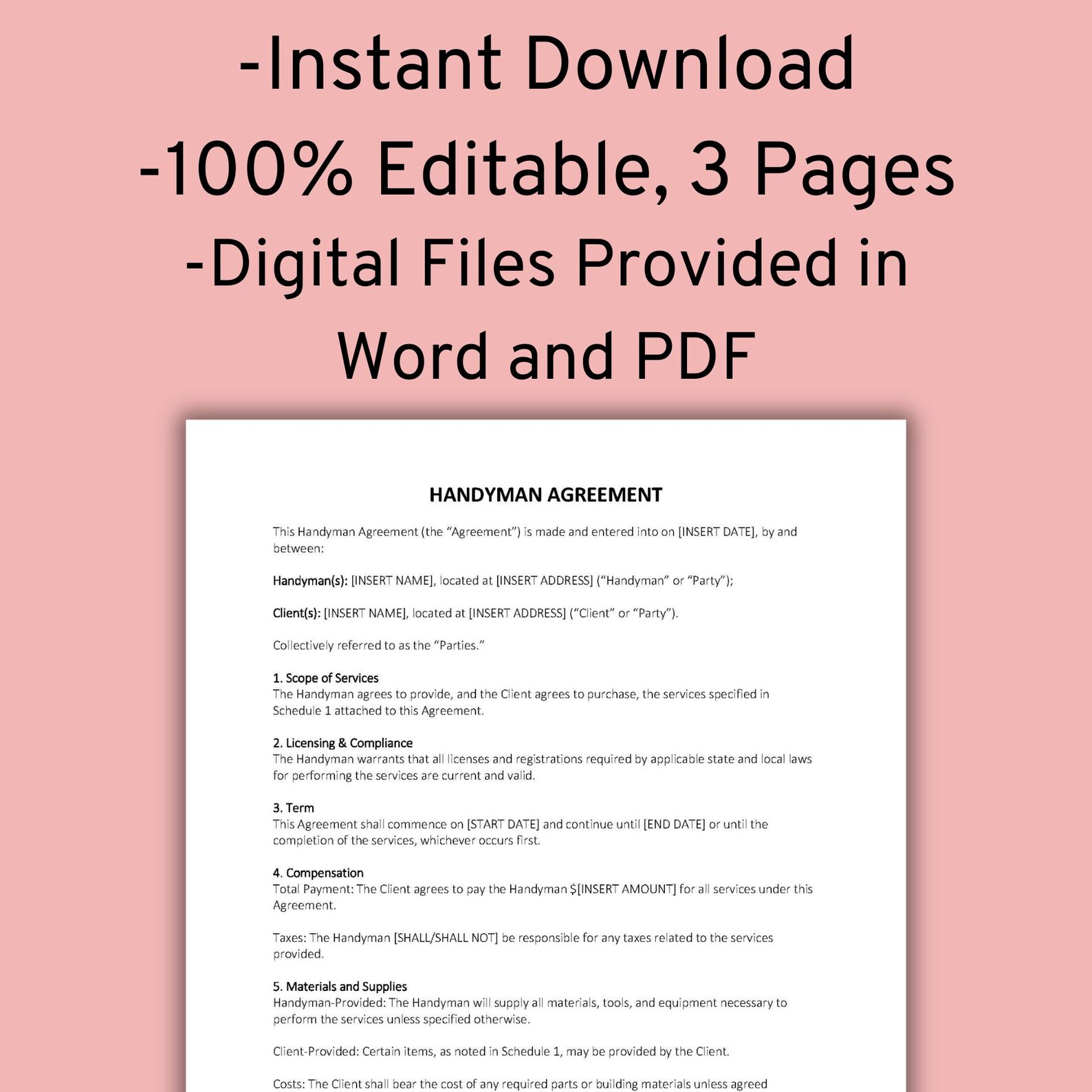 Editable Handyman Agreement Template | PDF & MS Word | Printable ...
