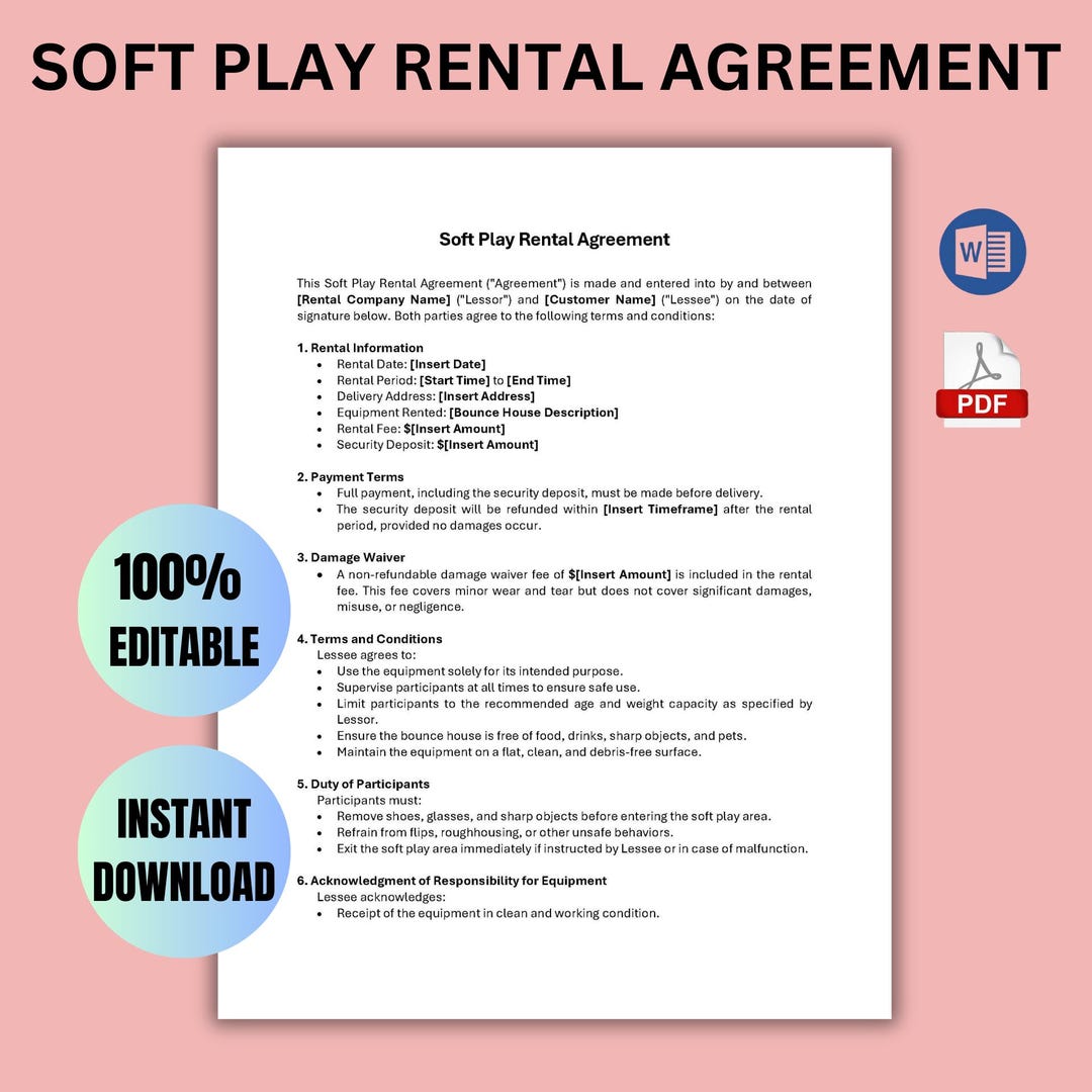 Soft Play Rental Contract Agreement Template | 2 Pages Editable PDF MS ...