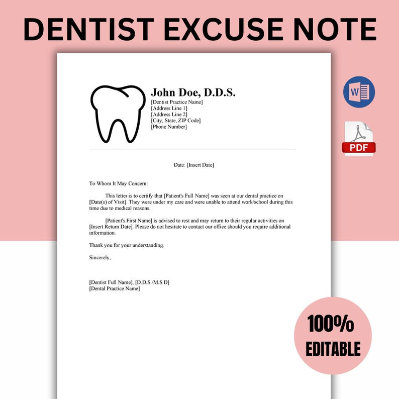 Printable Dentist Excuse Letter | Work Excuse Note | Editable Dentist ...